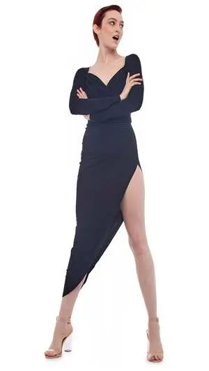 Norma Kamali Long Sleeve Asymmetrical Wrap Dress With Ruffles