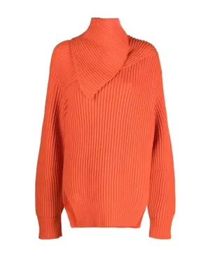 JIL SANDER Foldover Neck Ribbed-knit Jumper - Red