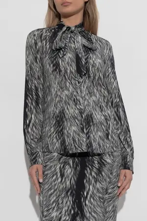 Dolce & Gabbana Fur Printed Pussy-bow Charmeuse Shirt - Gray