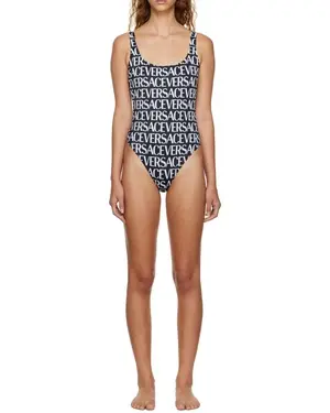 Versace Allover Logo Printed Low-back One-piece Swimsuit - Green
