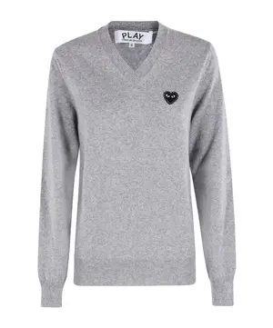 Play Comme Des Garcon V-neck Long-sleeve Sweater With Heart Logo - Gray