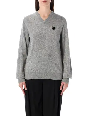Play Comme Des Garcon V-neck Long-sleeve Sweater With Heart Logo - Gray