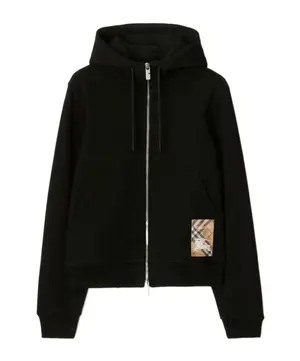 Burberry Zip-up Drawstring Hoodie With Checked Label Detail - Black