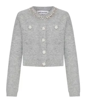 SELF-PORTRAIT Embellished Trim Cropped Cardigan - Grey