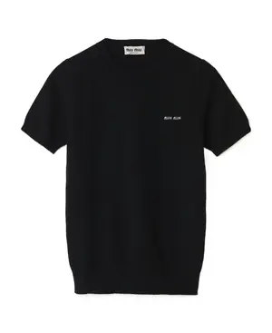 Miu Miu Logo Intarsia Knitted Short-sleeved Pullover - Black