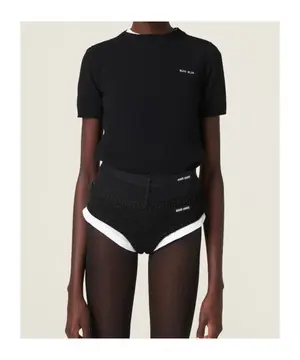 Miu Miu Logo Intarsia Knitted Short-sleeved Pullover - Black
