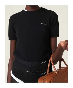 Miu Miu Logo Intarsia Knitted Short-sleeved Pullover - Black
