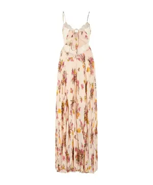 Blumarine Pleated Floral Maxi Dress With Lace Detail - Nude