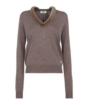 Fendi V-neck Jumper With Mink Collar And Back Tie Detail