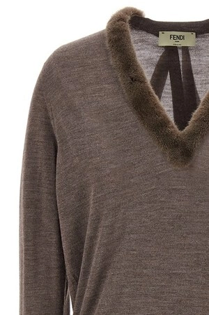 Fendi V-neck Jumper With Mink Collar And Back Tie Detail - Grey