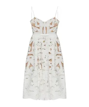 SELF-PORTRAIT Embroidered Midi Dress With Bow Waistband - White