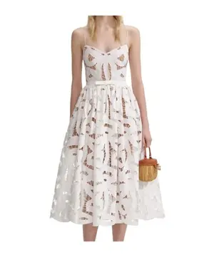 SELF-PORTRAIT Embroidered Midi Dress With Bow Waistband - White