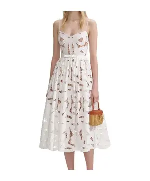 SELF-PORTRAIT Embroidered Midi Dress With Bow Waistband - White