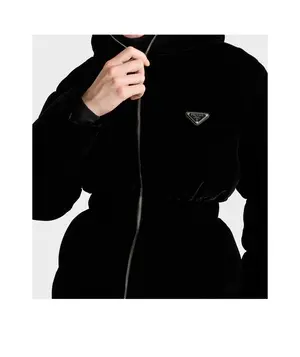Prada Velvet Down Jacket With Drawstring Hem And Hood - Black