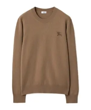 Burberry Crew Neck Lightweight Wool Sweater With Embroidered Equestrian Knight Design - Camel