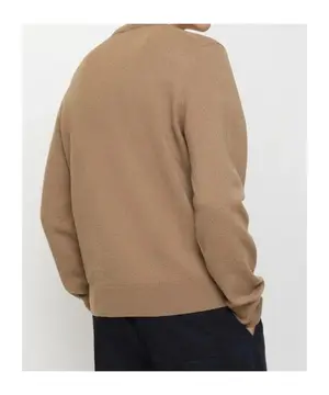 Burberry Crew Neck Lightweight Wool Sweater With Embroidered Equestrian Knight Design - Camel