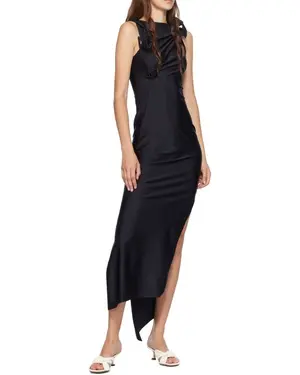 Coperni Sleeveless High Collar Maxi Dress With Asymmetrical Hem And Side Slits - Black