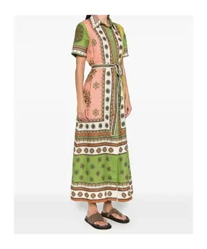 ALEMAIS Printed Maxi Dress With Pointed Collar And Short Sleeves