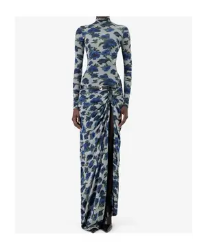Coperni Long Sleeve Floral Print Asymmetrical Maxi Dress With Slit - Gray
