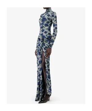Coperni Long Sleeve Floral Print Asymmetrical Maxi Dress With Slit - Gray