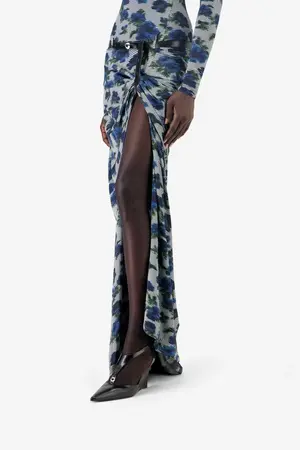 Coperni Long Sleeve Floral Print Asymmetrical Maxi Dress With Slit - Gray