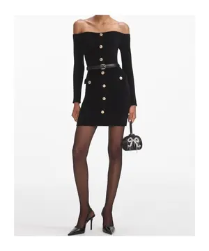 SELF-PORTRAIT Off-the-shoulder Knitted Mini Dress With Gold Button Detailing