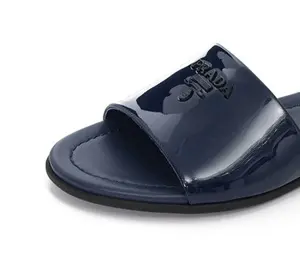Prada Logo Detail Open Toe Slides - Blue