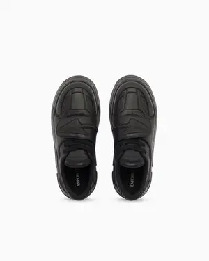 Emporio Armani Leather-effect Lace-up Trainers With Velcro Strap
