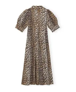 GANNI Leopard Print Midi Dress With Bubble Sleeves - Leopard Color