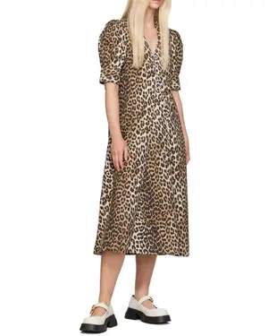 GANNI Leopard Print Midi Dress With Bubble Sleeves - Leopard Color