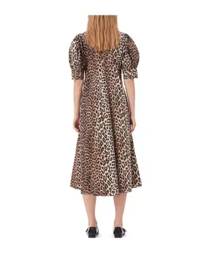 GANNI Leopard Print Midi Dress With Bubble Sleeves - Leopard Color