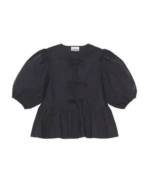 GANNI Peplum Blouse With Bubble Sleeves And Tie Detail - Black