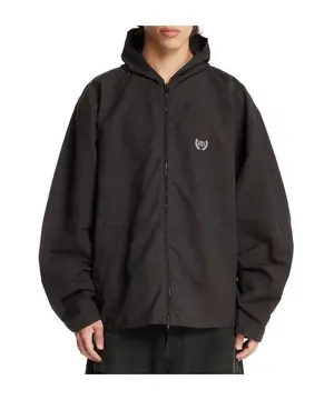 Balenciaga Logo Embroidered Zip-up Hooded Jacket - Black