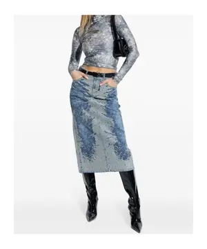 DIESEL® De-skye-s Distressed Denim Midi Skirt