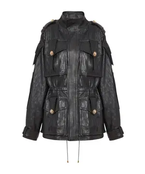 Balmain Lambskin Leather Parka With Topstitched Diamond Pattern