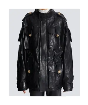Balmain Lambskin Leather Parka With Topstitched Diamond Pattern