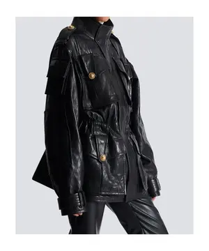 Balmain Lambskin Leather Parka With Topstitched Diamond Pattern
