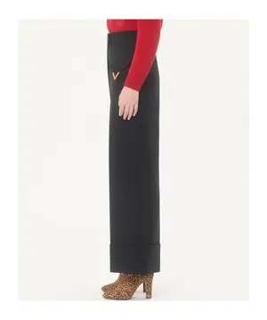 Valentino Garavani Wide Leg Trousers With Logo Plaque Detail - Black