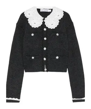 SELF-PORTRAIT Self-Portrait Lace Collar Button Cardigan Charcoal-grey