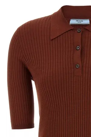 Prada Ribbed Knit Polo Sweater With 3/4 Sleeves