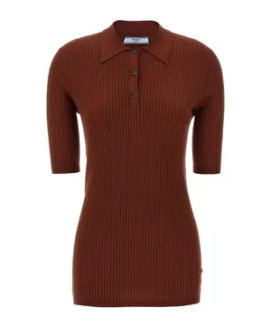 Prada Ribbed Knit Polo Shirt With 3/4 Sleeves - Brown