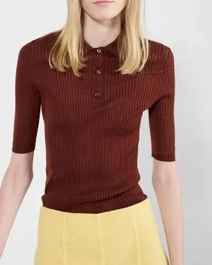Prada Ribbed Knit Polo Shirt With 3/4 Sleeves - Brown