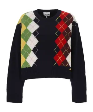 GANNI Wool Blend Diamond Pattern Knit Sweater - Black