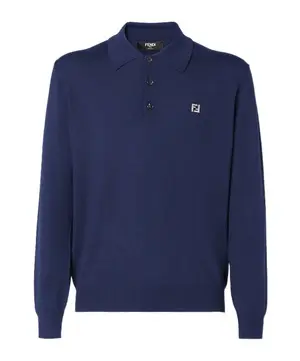 Fendi Ff Plaque Long Sleeved Polo Shirt - Blue
