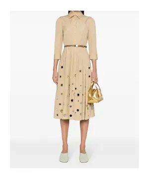Prada Belted Long-sleeve Midi Dress With Logo Detail