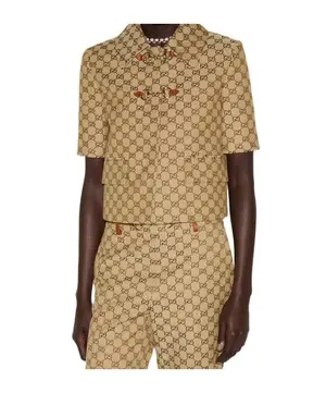 Gucci Monogrammed Short-sleeve Shirt With Leather Trim
