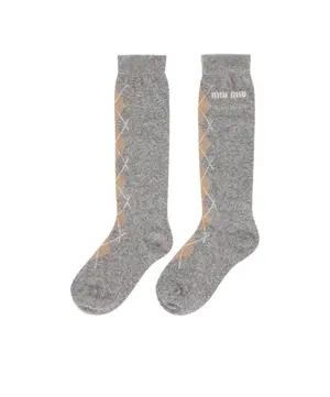Miu Miu Logo-intarsia Knee-high Socks - Gray/beige
