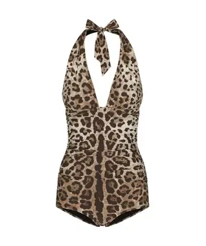 Dolce & Gabbana Leopard-print Halterneck Swimsuit - Black