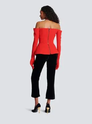 Balmain Off-the-shoulder Peplum Top With Deep V-neck