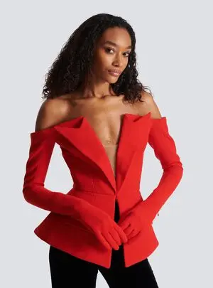 Balmain Off-the-shoulder Peplum Top With Deep V-neck
